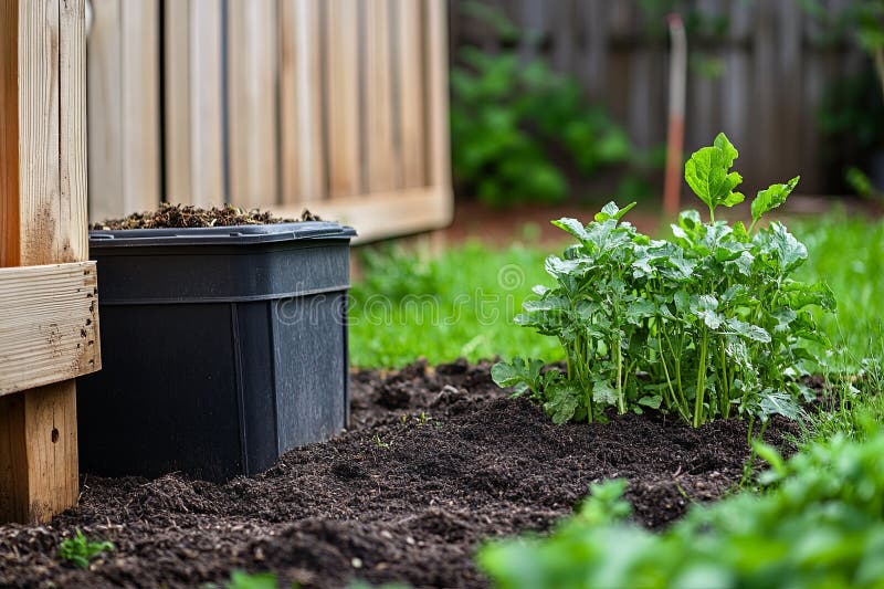 A Small Compost Bin Placed beside a Wooden Garden Bed with Fresh Soil ...