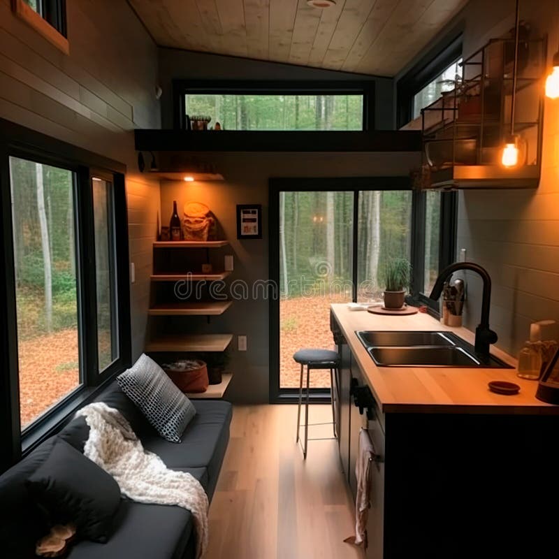Small Container House Interior with Kitchen and Furniture in the Forest ...