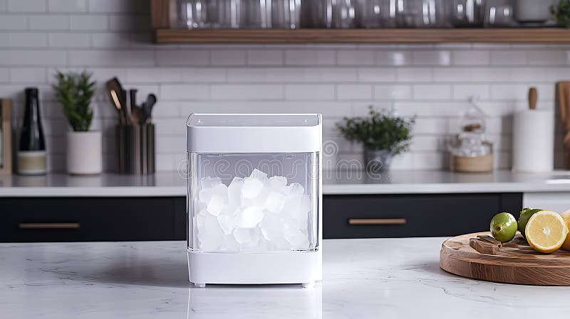 A Small Container of Ice Cubes Sits on a Counter in a Kitchen Stock ...