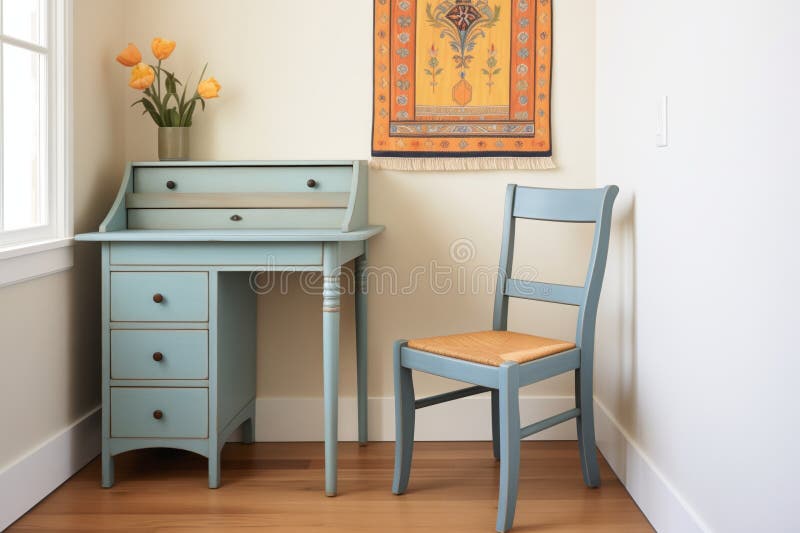 A Small Corner Desk with a Painted Wooden Chair Stock Photo - Image of ...