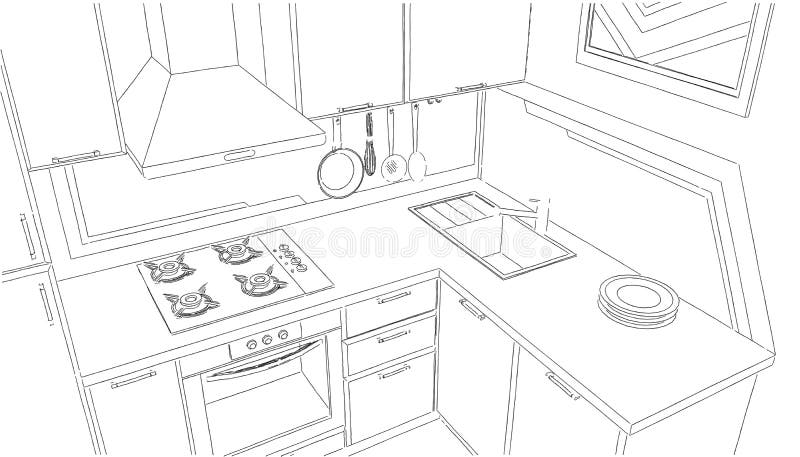 Sketch Abstract Drawing of Lilac and Brown Cupboards, Kitchen Chimney ...