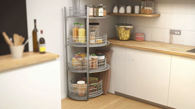 A Small Corner Pantry with Rotating Shelves and Pull-out Baskets. Stock ...