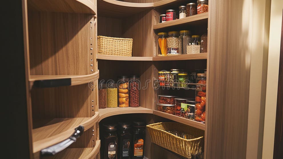 A Small Corner Pantry with Rotating Shelves and Pull-out Baskets. Stock ...
