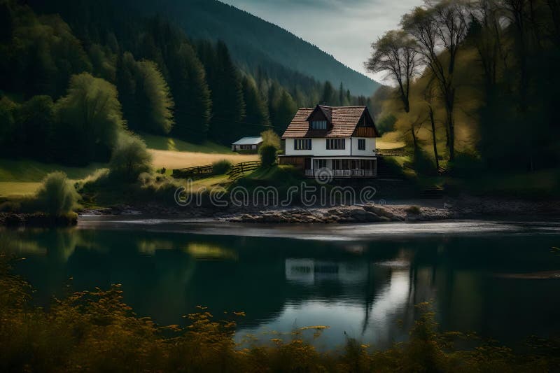 Small Cottage on the Lake Generated by AI Tool Stock Illustration ...