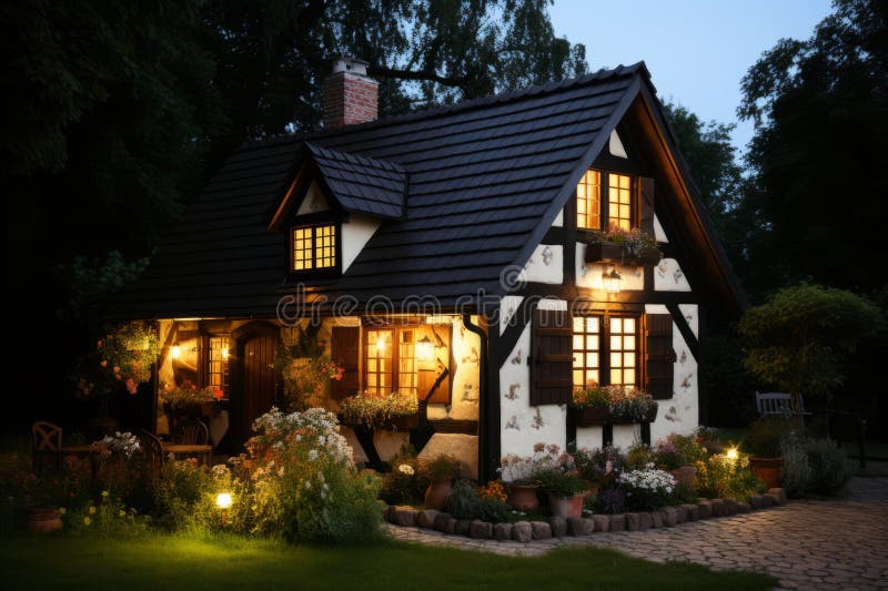 A Small Cottage at Night Lit Up with Lights Stock Illustration ...