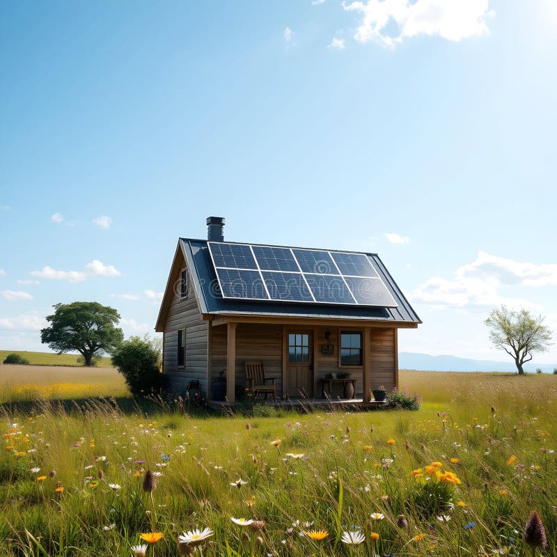 A Small Cottage-style Home with Solar Panels, Located in a Sunny Meadow ...