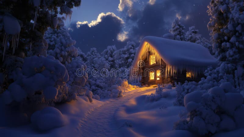 A Small, Cozy Cabin in the Middle of Snow-covered Woods, Lit by Warm ...