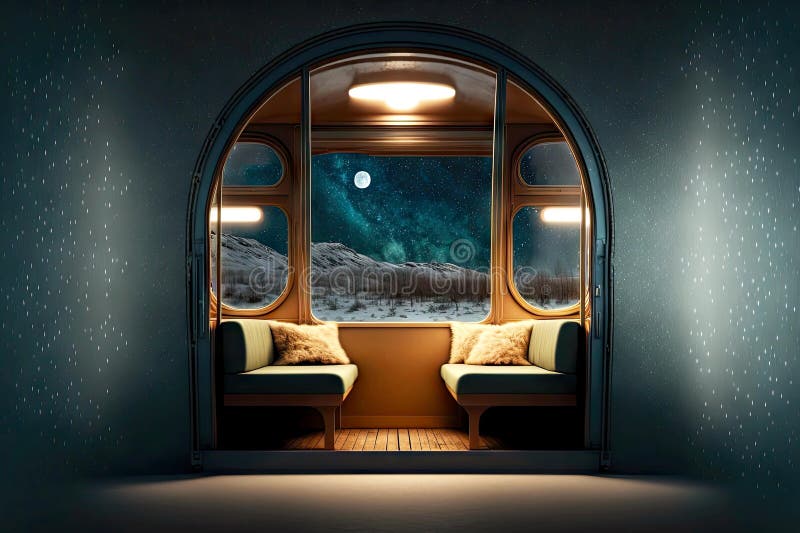 Small Cozy Compartment in Polar Express Train and Winter View Outside ...
