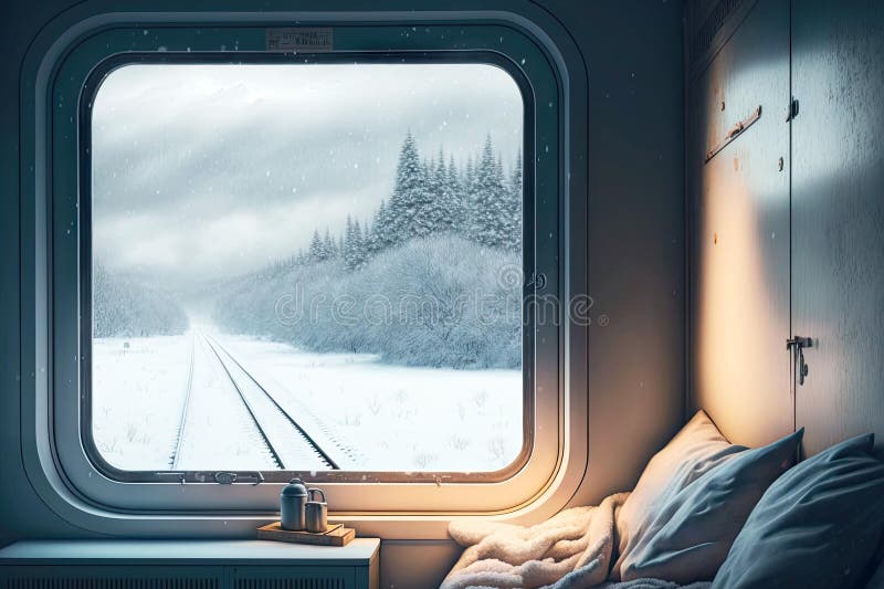 Small Cozy Compartment in Polar Express Train and Winter View Outside ...