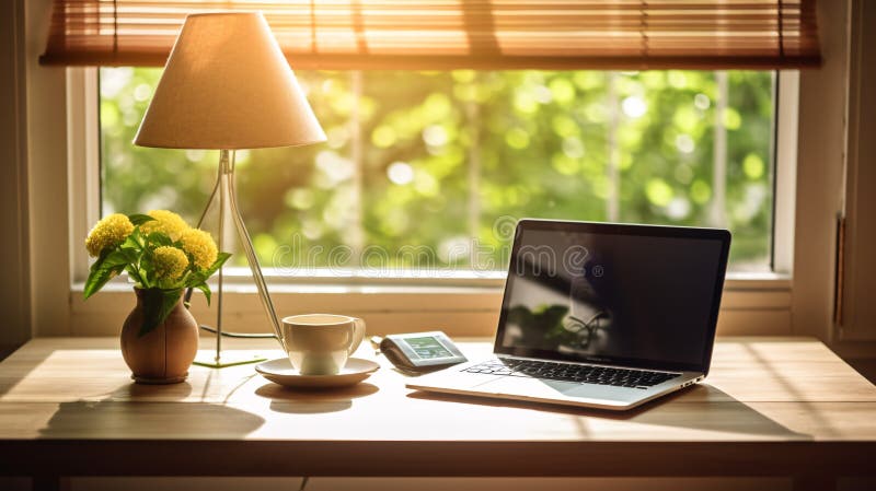 Small Cozy Home Office Setup at Window with Bright Sunlight Stock ...