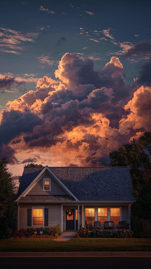 Small Cozy House with Glowing Windows at Sunset Stock Photo - Image of ...