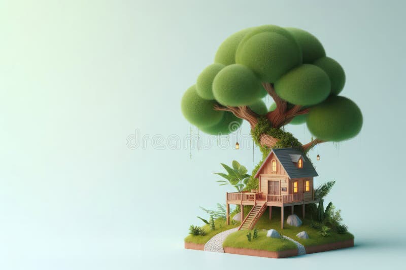 A Small, Cozy House Under a Tree. Space for Text. Stock Image - Image ...