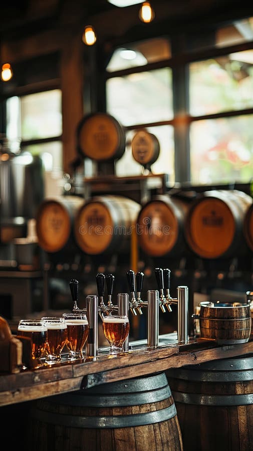 A Small Craft Brewery with Barrels of Beer and Taps Ready To Serve. Pic ...