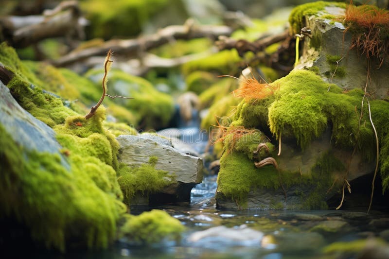 A Small Creek Running through Moss-covered Rocks Stock Illustration ...