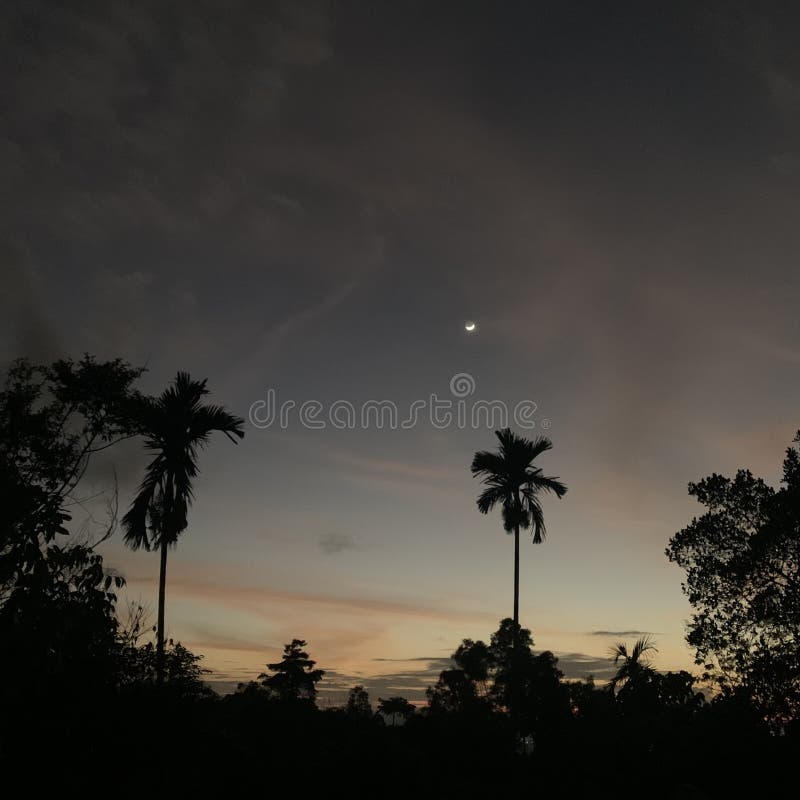 A Small Crescent Moon in the Sky Dusk Towards the Evening Stock Image ...