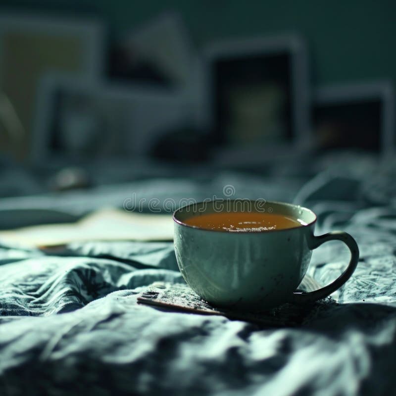 A Small Cup of Tea Stands on a Bed in Front of Some Pictures Stock ...
