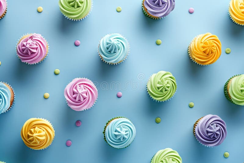 Small Cupcakes in Vibrant Colors on Pastel Blue Background with Blank ...