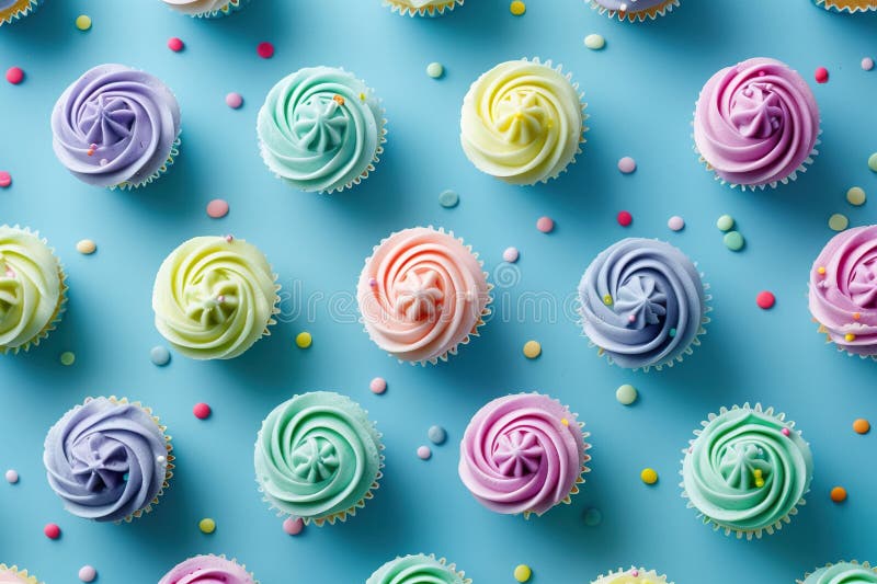 Small Cupcakes in Vibrant Colors on Pastel Blue Background with Blank ...
