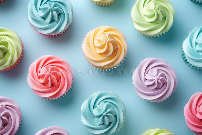 Small Cupcakes in Vibrant Colors on Pastel Blue Background with Blank ...