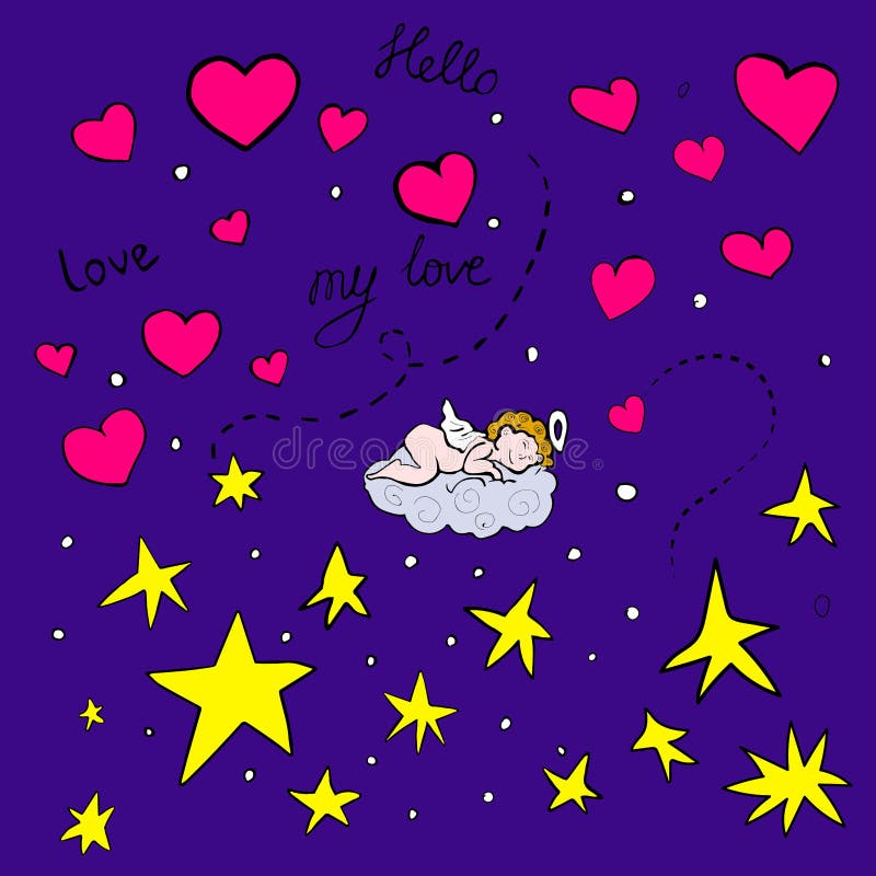 Small Cupid Rests on a Cloud with Black Lettering Stock Illustration ...