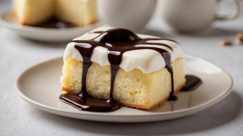 Small Custard Cake with White Icing with Chocolate Sauce. Stock Photo ...