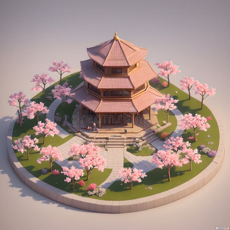 A Small Cute Blossoming Sakura Bonsai Tree, 3d Isometric Reference ...