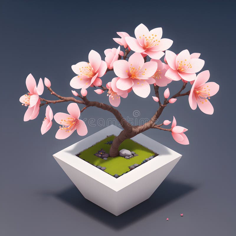 A Small Cute Blossoming Sakura Bonsai Tree, 3d Isometric Reference ...