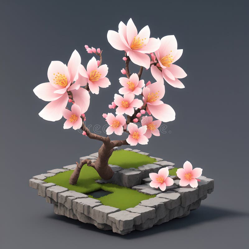 A Small Cute Blossoming Sakura Bonsai Tree, 3d Isometric Reference ...