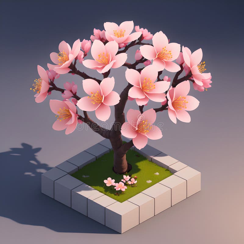 A Small Cute Blossoming Sakura Bonsai Tree, 3d Isometric Reference ...
