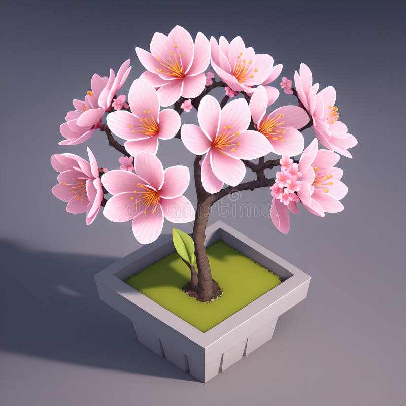 A Small Cute Blossoming Sakura Bonsai Tree, 3d Isometric Reference ...
