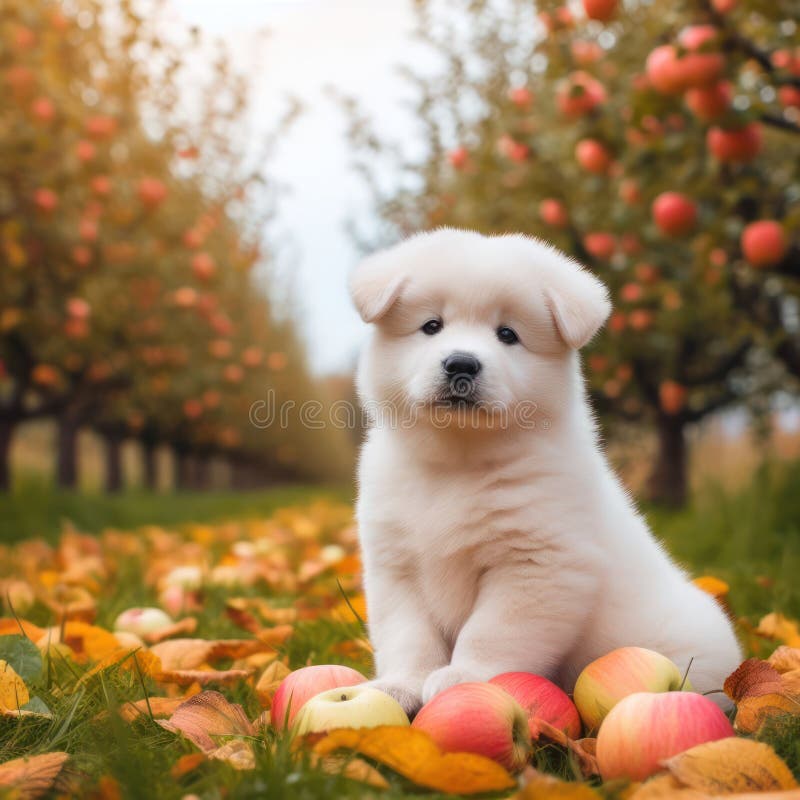 Small Cute Dog Sitting Waiting in an Apple Orchard Stock Illustration ...