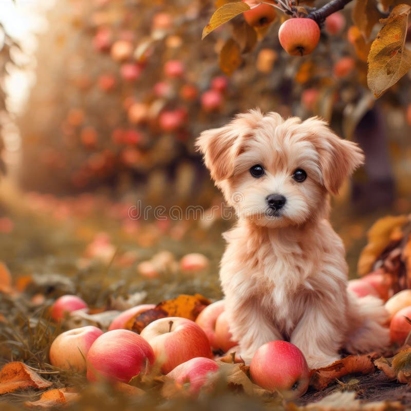 Small Cute Dog Sitting Waiting in an Apple Orchard Stock Illustration ...