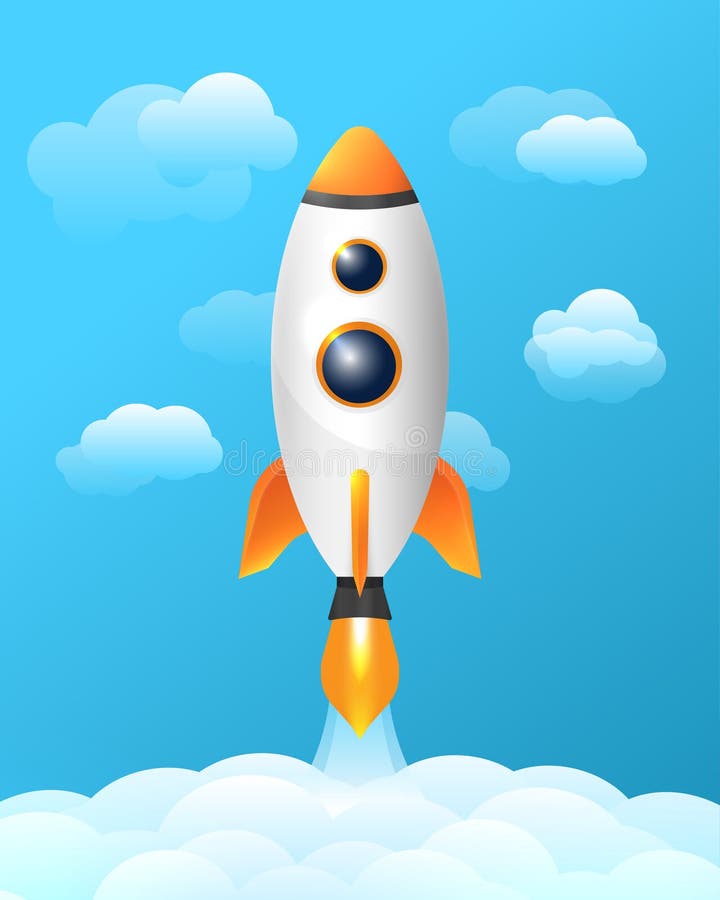 Small Cute Flying Space Rocket Above the Cloud Illustration Stock ...