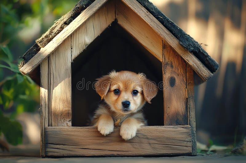Small Cute Puppy Inside Dog House in a Backyard. Ai Generative Stock ...