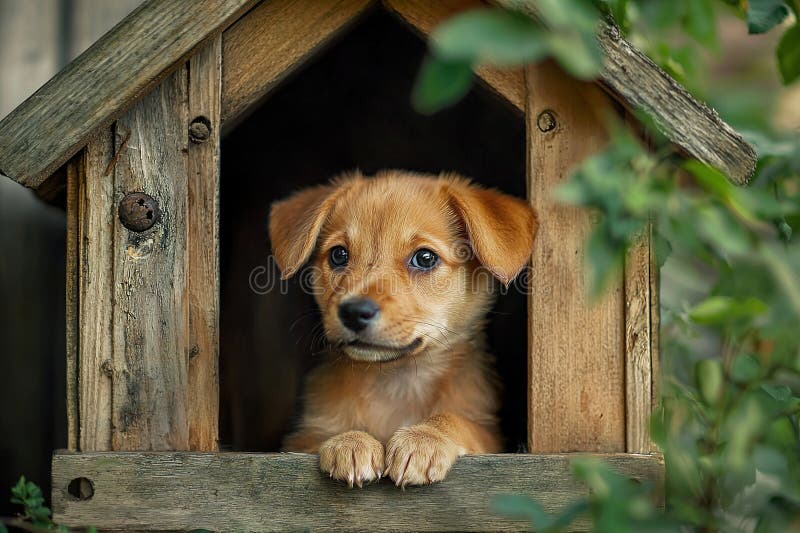 Small Cute Puppy Inside Dog House in a Backyard. Ai Generative Stock ...