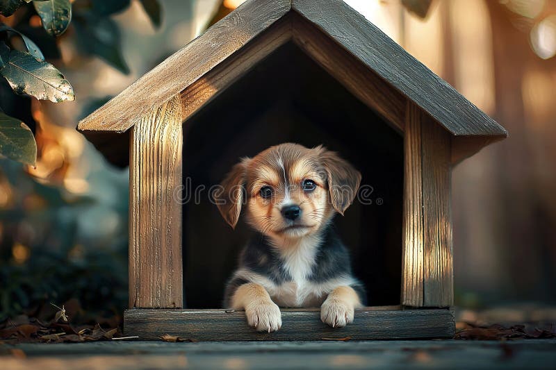 Small Cute Puppy Inside Dog House in a Backyard. Ai Generative Stock ...