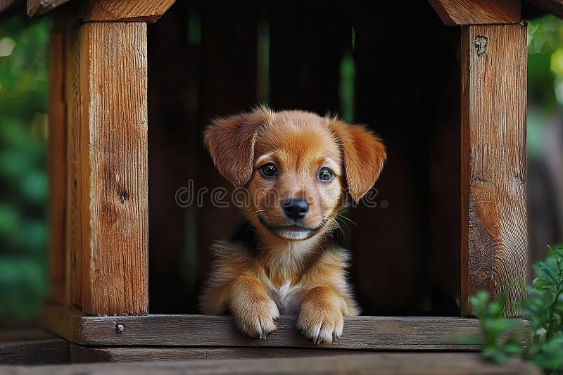 Small Cute Puppy Inside Dog House in a Backyard. Ai Generative Stock ...