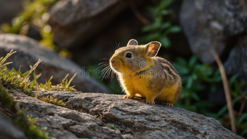 A Small, Cute Rabbit Sits on a Rock, Illuminated by Soft Sunlight in a ...