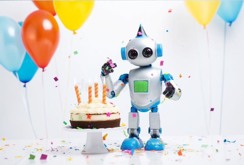 Small Retro Robot with Cake and Lit Candles. Generative AI Stock ...
