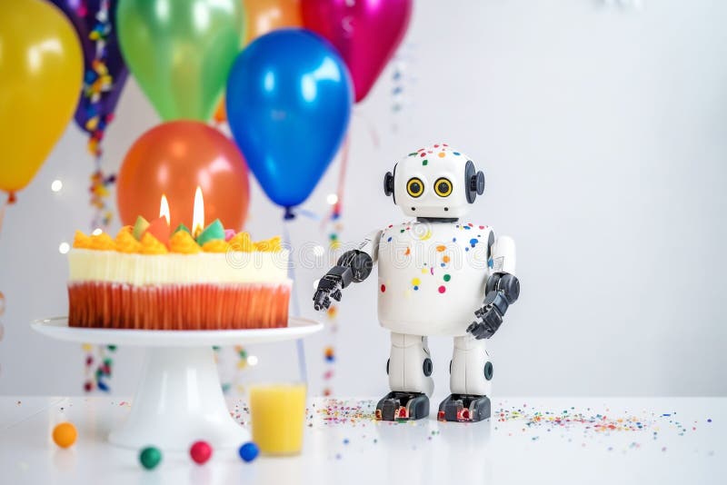 Small Retro Robot with Cake and Lit Candles. Generative AI Stock ...
