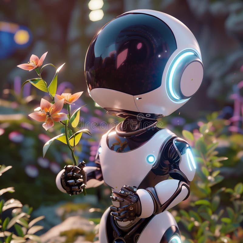 Small Cute Robot with Flowers, Cartoon Character Stock Illustration ...