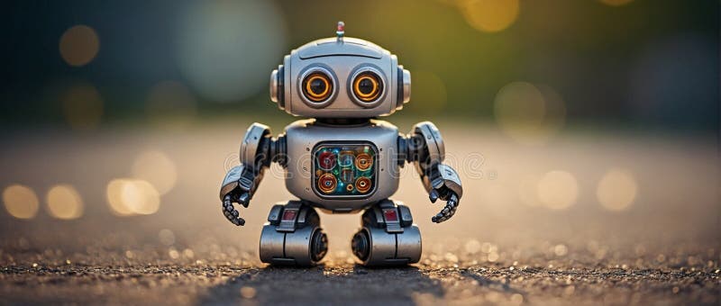 Small Cute Robot Standing on Pavement during Golden Hour Stock ...