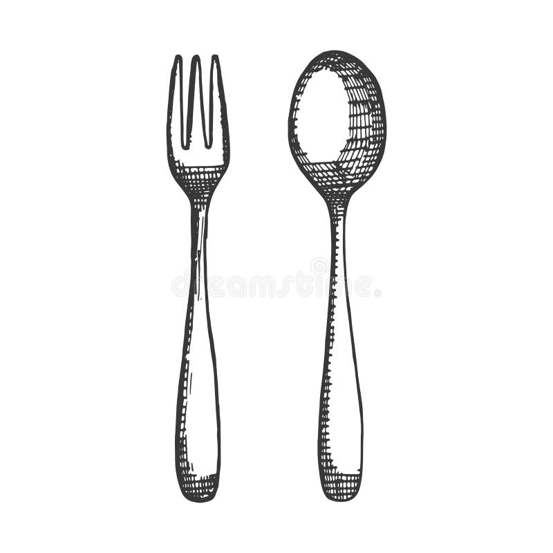 Small Cutlery Fork and Spoon Sketch. Isolated Drawing Vector Stock ...