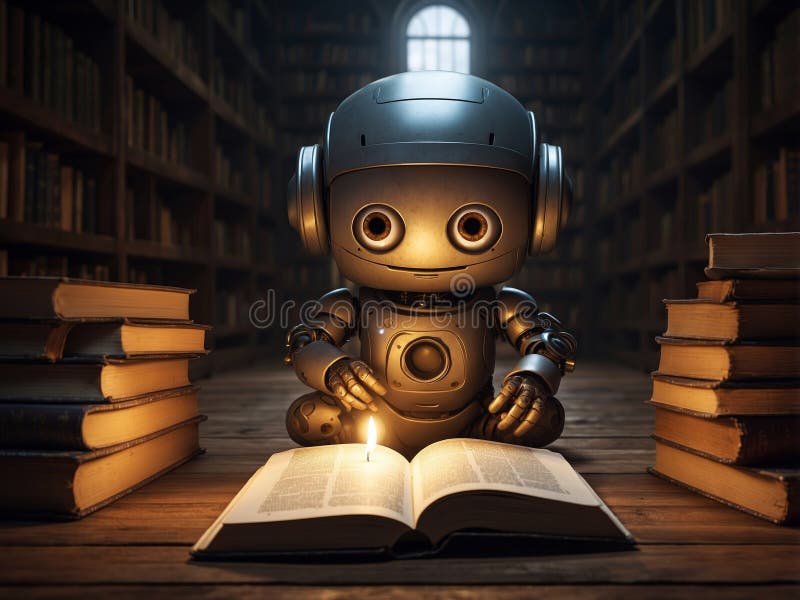 Small Cybernetic Robot Sitting on the Floor of an Ancient Library ...