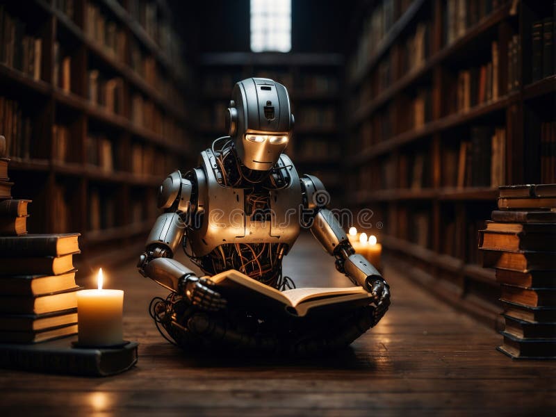 Small Cybernetic Robot Sitting on the Floor of an Ancient Library ...