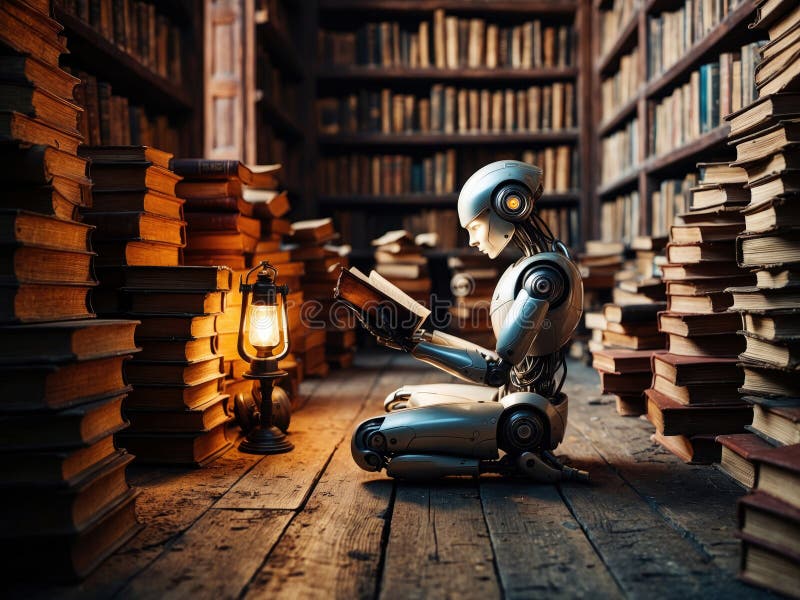 Small Cybernetic Robot Sitting on the Floor of an Ancient Library ...