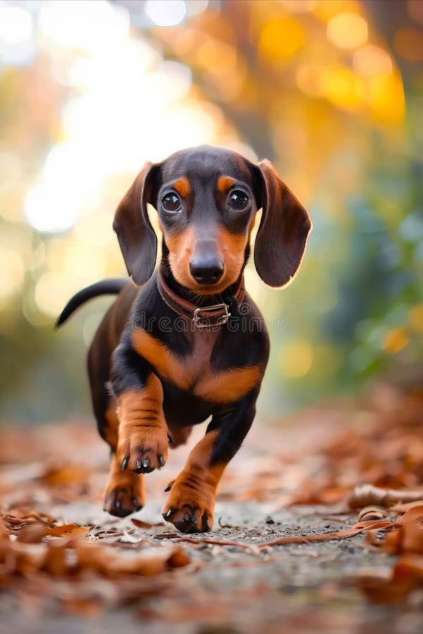 A Small Dachshund Puppy Running through the Leaves Stock Photo - Image ...