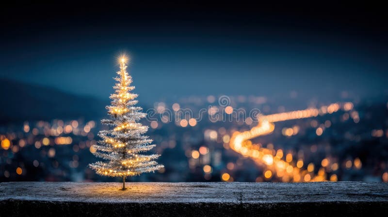 Small Decorated Christmas Tree on a Ledge with a Blurred City Skyline ...
