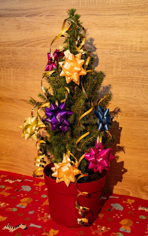 Small Decorated Christmas Tree on the Christmas Table in a Brown Pot ...