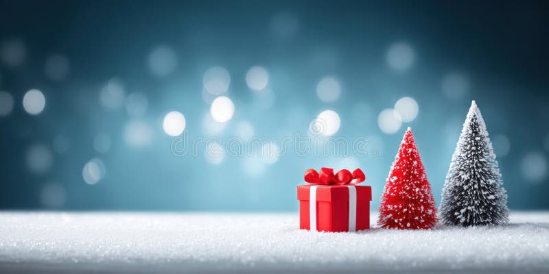 Small Decorated Christmas Tree and Wrapped Gift Placed on Fresh Snow in ...